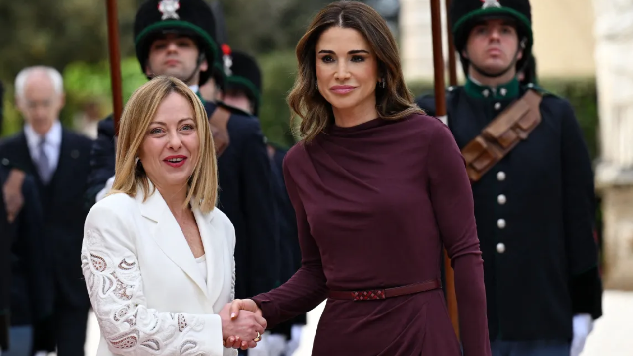 Queen Rania Wears A Full Burgundy Ensemble In Italy