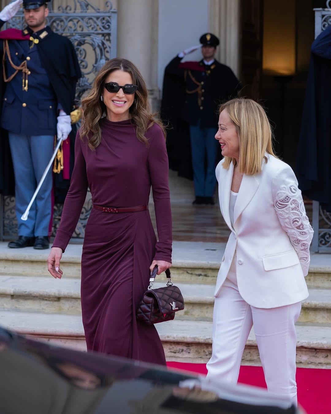 Queen Rania Wears A Full Burgundy Ensemble In Italy