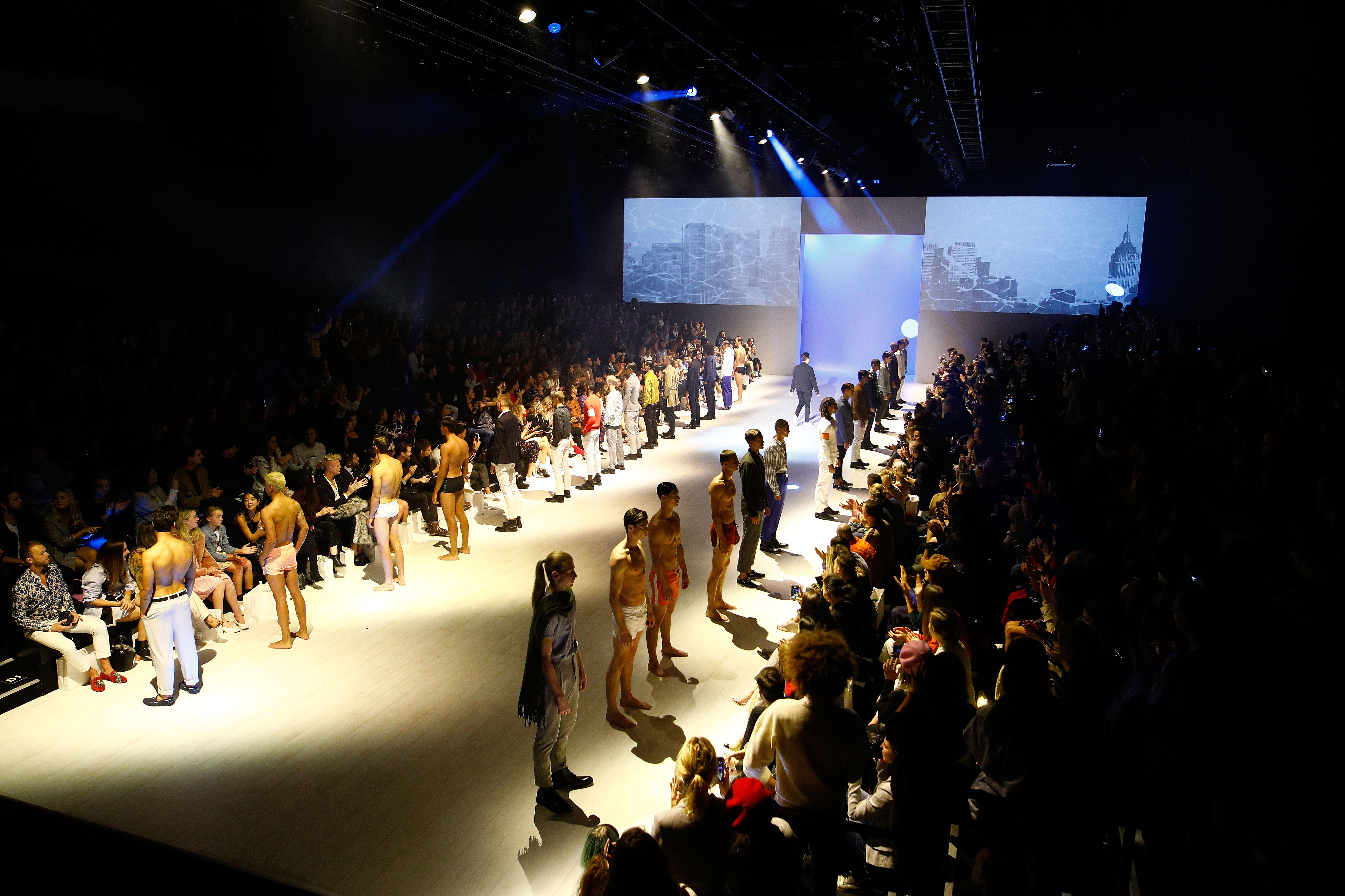 Shirtless male models walked the runway at Justin Cassin show